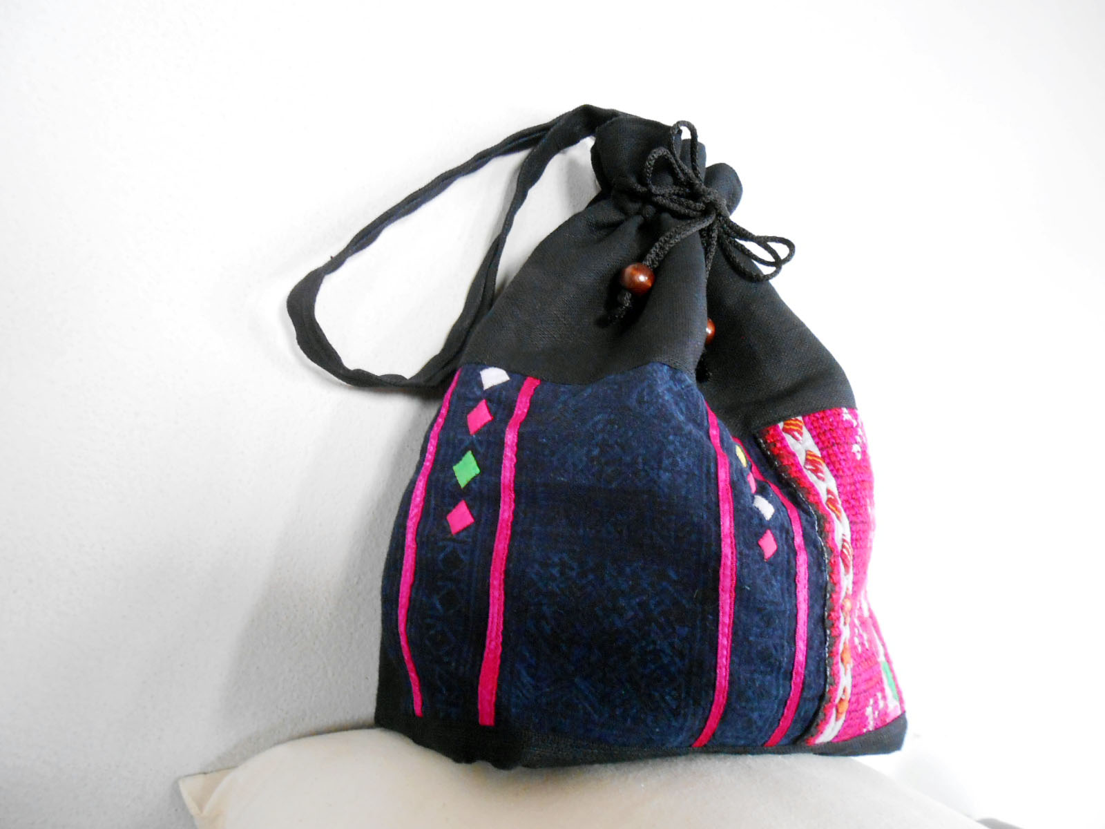Drawstring Bags, Black Bag, Hemp Fabric With Hmong Shirt Sleeve ...